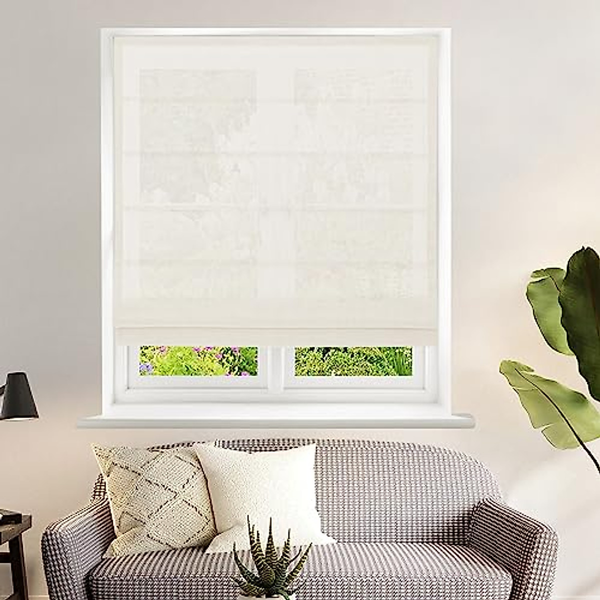 Cordless Roman Shades Window Blinds, Light Filtering Linen Blend Fabric Window Roman Shades for Windows, Doors, Bedroom, Living Room, White