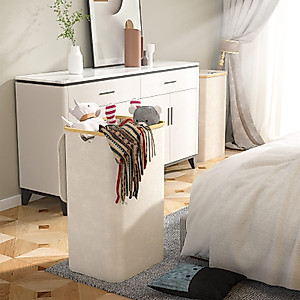 Homykic Laundry Hamper with Lid, 100L Tall Laundry Basket Collapsible with Bamboo Handles, Large Waterproof Laundry Bin Storage for Dorm, Bathroom, Bedroom, Clothing, Clothes, Toys, Cream White