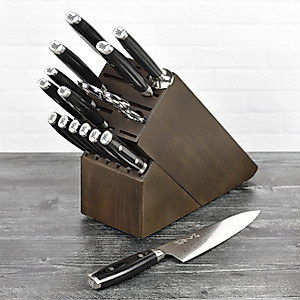 Yaxell Ran Plus 16 Piece Knife Set - Made in Japan - 69 Layers VG10 Damascus, Dark Ash Block