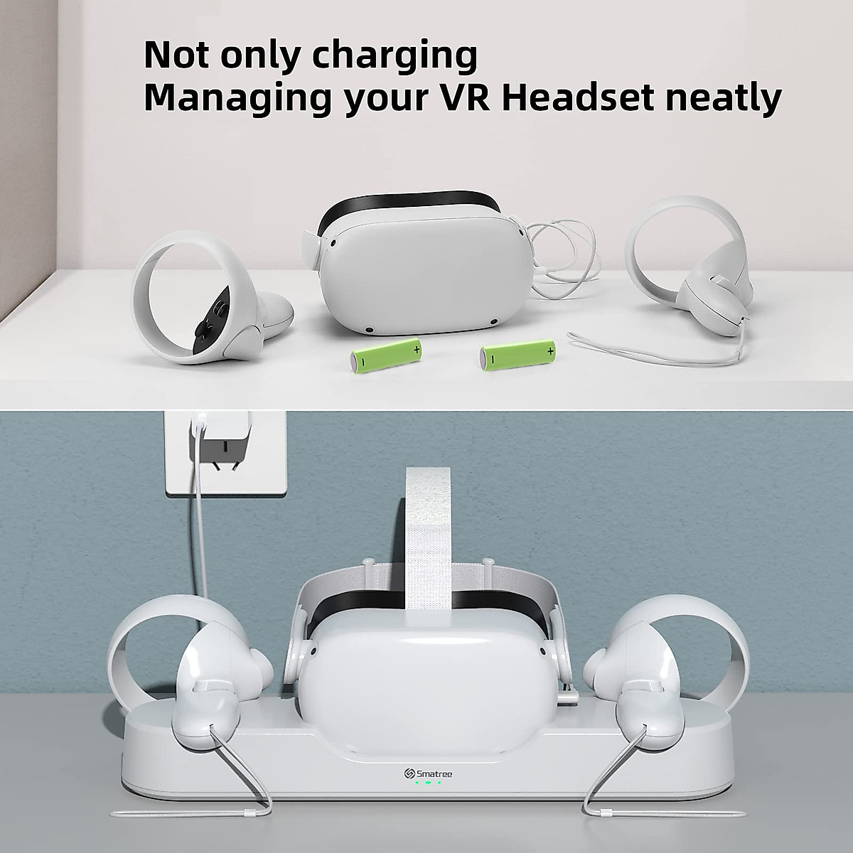 Smatree Charging Dock for Oculus Quest 2/Meta Quest 2, VR Controller and Headset Charge Simultaneously, [Updated Support Elite Strap with Battery] (with 2 Rechargeable Batteries)