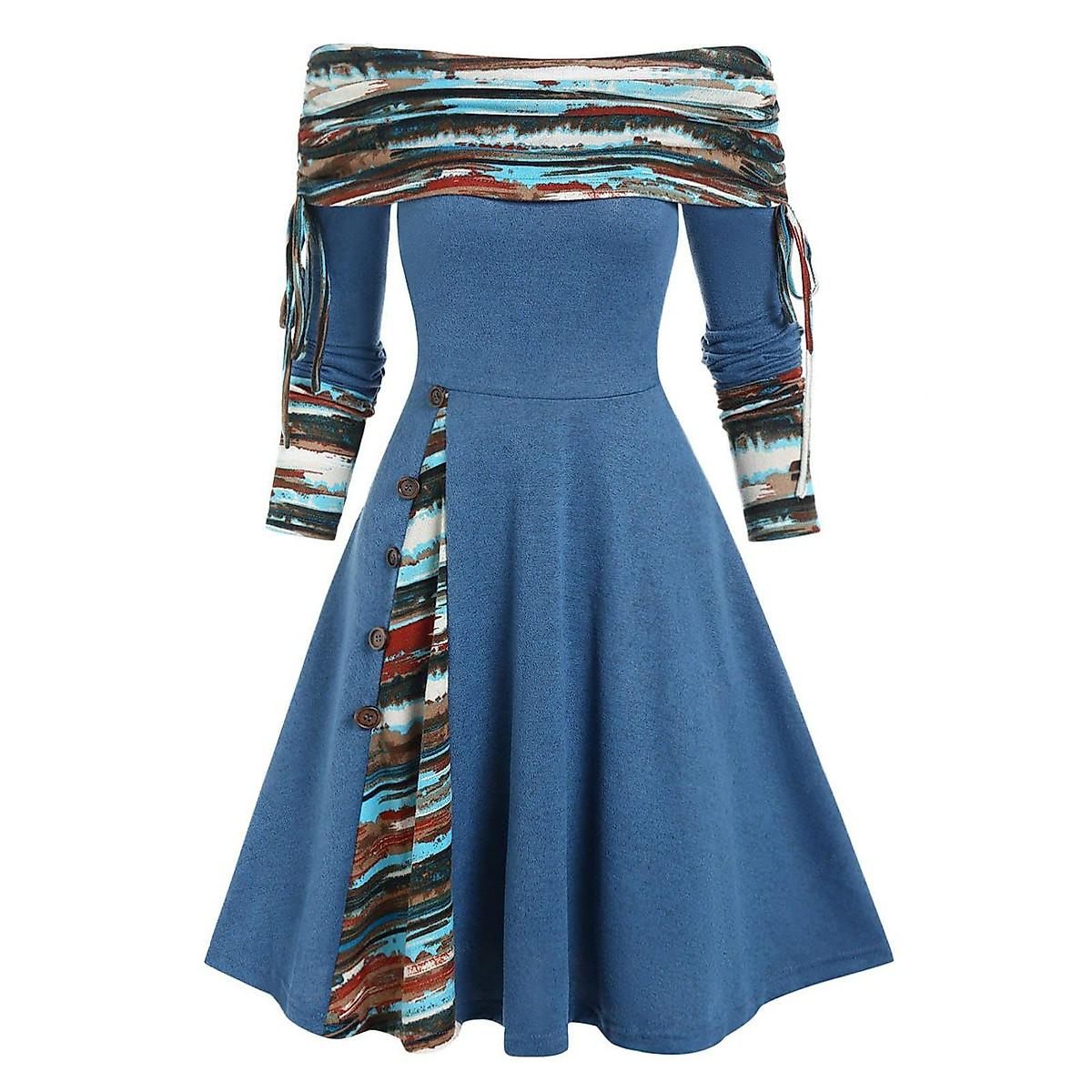 UQRZAU Winter Dresses for Women 2024, Dresses Convertible Neck Cinched Striped Flare A Line Dress Long Sleeve Wedding Guest Dress Sequin Party Dress Renaissance 2024 Dress Bodycon (L, Blue)