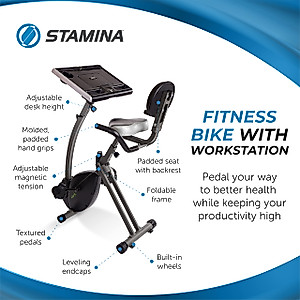 Stamina Wirk Ride Exercise Bike - Foldable Fitness Bike with Workstation and Standing Desk - Stationary Bike for Home Workout - Up to 250 Weight Capacity