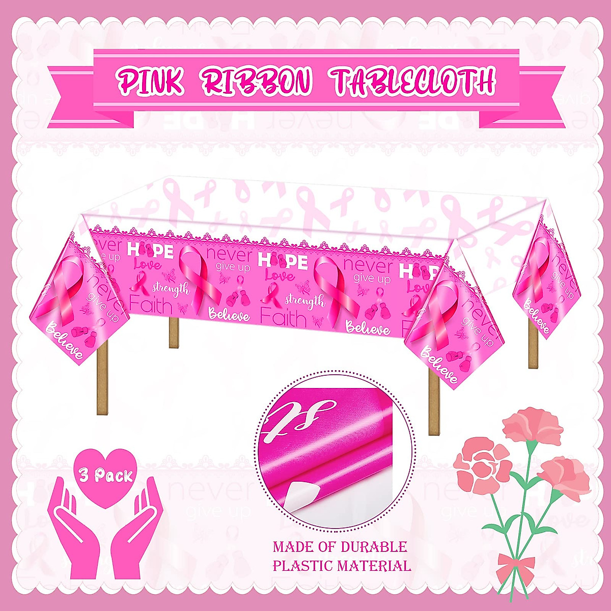 Breast Cancer Awareness Tablecloth Breast Cancer Party Supplies Disposable Pink Ribbon Plastic Tablecover Rectangle Breast Cancer Party Decorations for Women Indoor and Outdoor, 42.5 x 71 Inch (3 Pcs)
