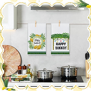 FuWeave 4 Pcs Happy Sukkot Kitchen Towels Etrog Dish Towels 15.7 x 23.6 Inch Hebrew Jewish Lulav Decoration Gifts Dish Cloth Hand Drying Towel Sukkah Party Tea Towel for Home Baking Holiday