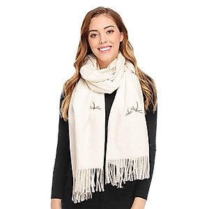 Bienvenu Dragonfly Detail Large Women Soft Cashmere Wool Wraps Shawls Stole Scarf,White