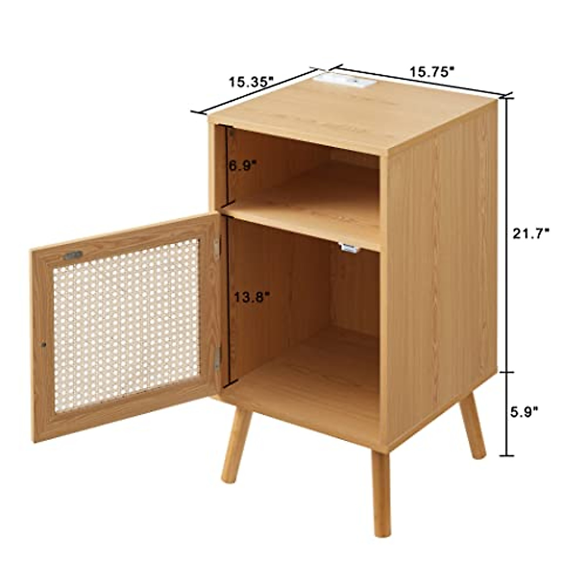 GTOLV Rattan Nightstand with Charging Station, Boho End Table with Handmade Rattan Decorated Door and Pine Legs for Bedroom, Living Room