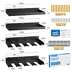 Power Tool Organizer Wall Mount with 8 Drill Holder, Formed Integrally Heavy Duty Garage Tool Organizers and Storage with Hooks for Battery, Tool Box, Screwdriver, Plier and Hammers No Crack