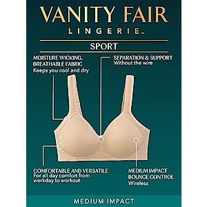 Vanity Fair Womens Medium Impact Sports For Breathable, Moisture Wicking, Padded Cups Up To Ddd Bra, Wireless - Neutral, 44C US