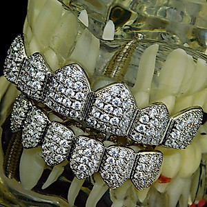 CZ Grillz Set Silver Tone Cubic Zirconia Micro Pave Bling Teeth Top & Bottom Row Iced Hip Hop Grills