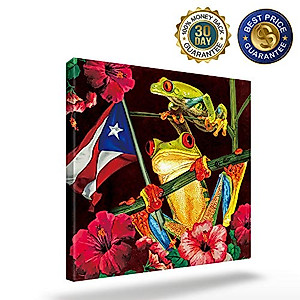 Canvas Painting Wall Decor-Frog Puerto Rico Flag Vivid Floral,Wall Art Print Paintings for Home/Living Room/Bedroom Decor Single Panel 12x12Inches