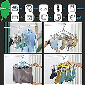 Mokife Clothes Sock Drying Rack with 36 Clips, Stainless Steel Underwear Dryer Swivel Laundry Hanger with Windproof Hook for Hanging Towels Bras Gloves Baby Clothes Indoor Outdoor