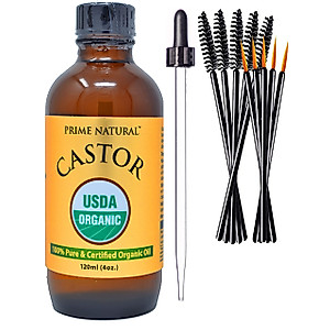 PRIME NATURAL Organic Castor Oil (4oz / 120ml) - USDA Certified Organic, Pure, Cold Pressed, Thick, Hexane Free - Stimulate Growth for Eyelashes, Eyebrows, Hair, Skin Moisturizer
