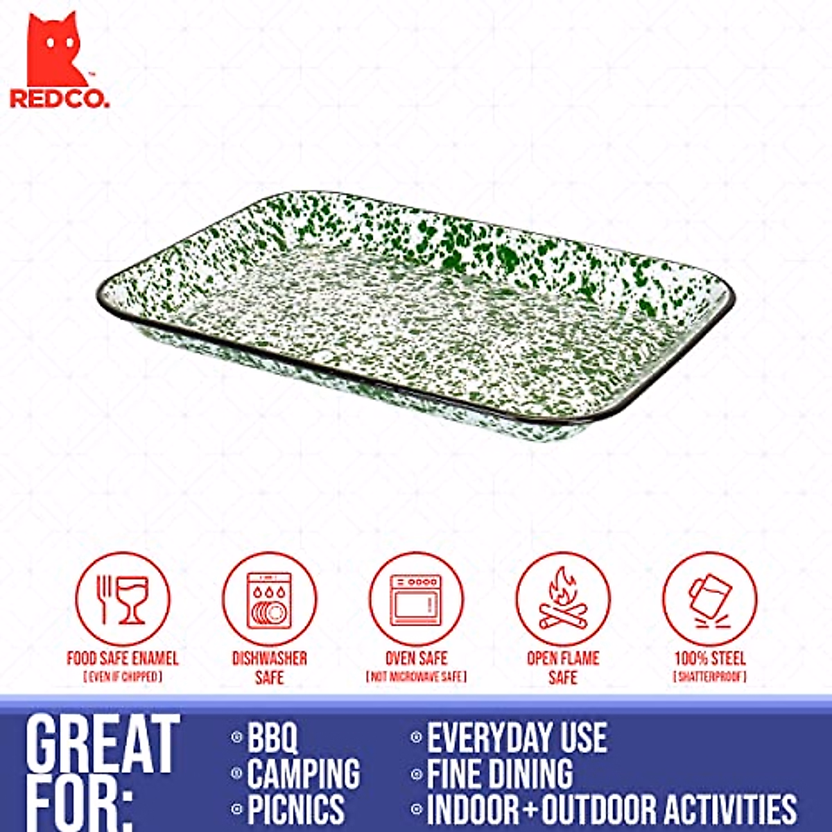 Red Co. 13.5” x 10” Enamelware Metal Classic 1.6-Quart Rectangular Serving Tray, Dark Green Marble/Black Rim – Splatter Design