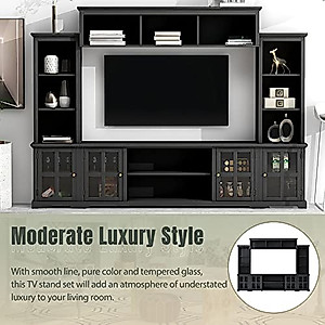 Mid-Century Entertainment Wall Unit for Living Room with Storage Bridge, TV Stand for 60 65 Inch TVs, Wood TV Media Console Table with Shelves, Gaming Entertainment Center with Bookshelves, Black