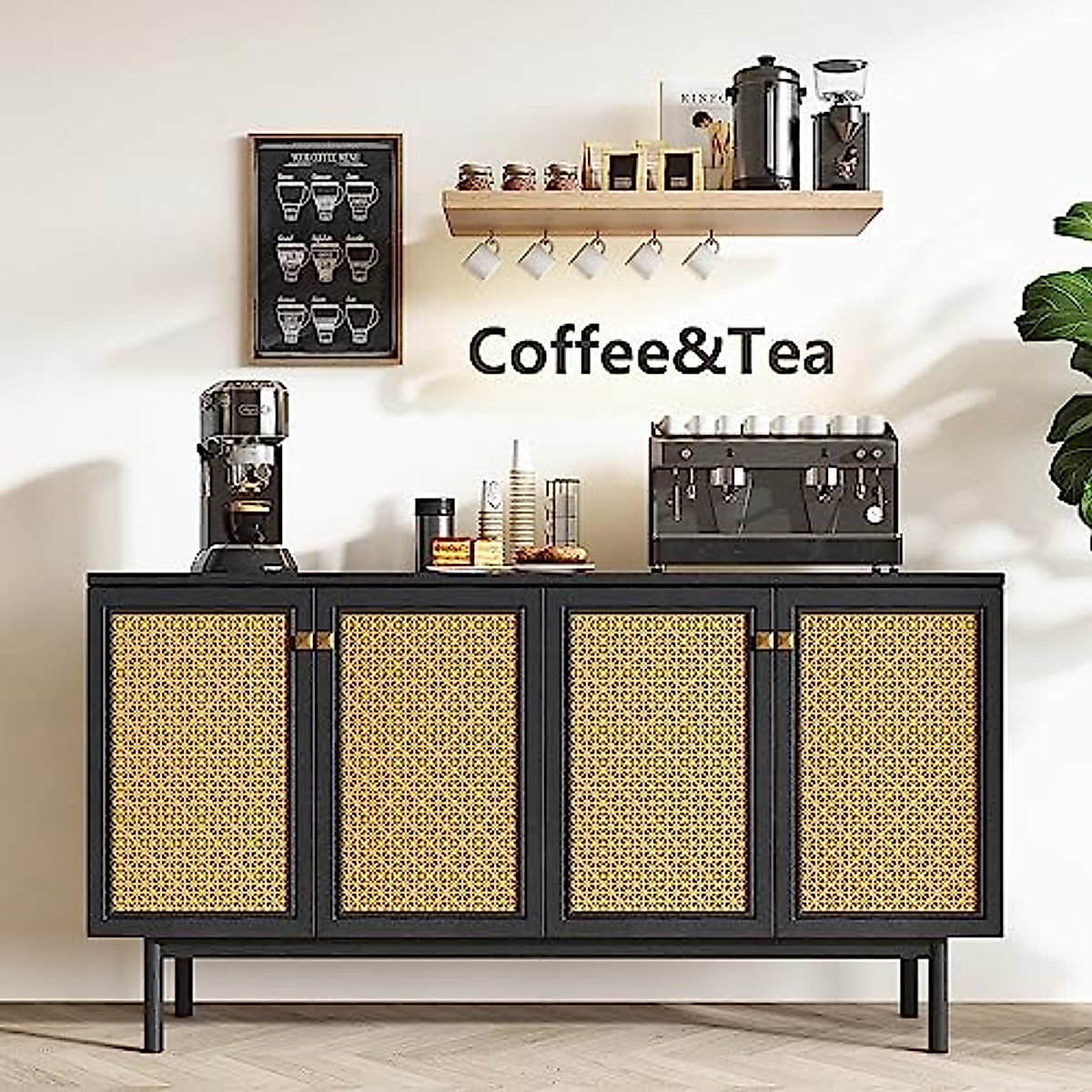 AMERLIFE 63'' Sideboard Buffets Cabinet, 2-Adjustable Shelves Storage Cabinet & 4 Doors, Large Accent Storage Credenzas for Living Room, Dining Room, Bedroom, Black,CBS002 102A