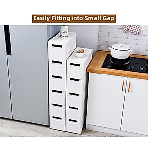 7.48in Slim Rolling Drawer on Wheels Narrow Storage Cabinet Cart with 5 Drawers, Thin Standing Shelf Units 5-tier Plastic Rolling Drawer for Bathroom, Bedroom, Living Room