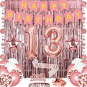 Yawagor 29 Pieces Rose Gold 13th Birthday Decorations for Girls, Happy Birthday Decor Set-13th Birthday Foil Balloons, Sash Fabulous, Cake Topper, Fringe Curtains Backdrop for Indoor Party Supplies