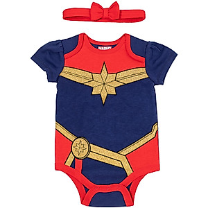Marvel Avengers Spider-Man Captain America Captain Newborn Baby Girls Bodysuit and Headband Captain Marvel, Captain America, Spider-Girl 0-3 Months