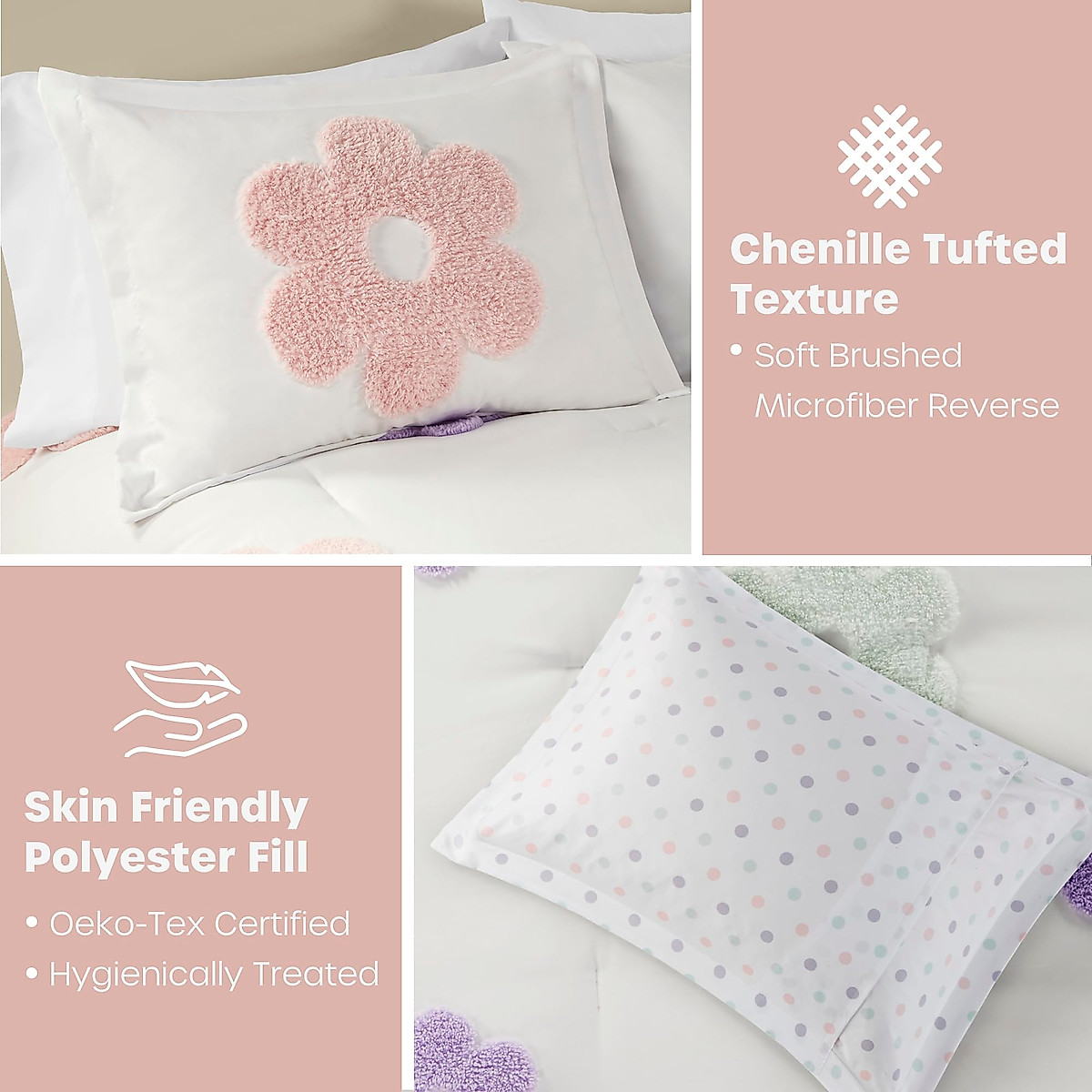 Urban Habitat Kids Queen Comforter Set for Girls, Tufted Chenille Floral Comforter Set Queen, Lightweight Polka Dot Comforter Reversible Bed Set, Shams, Pillow, Gracie, Full/Queen White/Purple 4 Piece