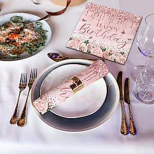 Pink Rose Gold Birthday Party Supplies - 40Pcs Birthday Napkins Disposable Rose Gold Foil Paper Napkins Rose Gold Theme Birthday Party Decoration for Girls 50th 60th Women Birthday Party