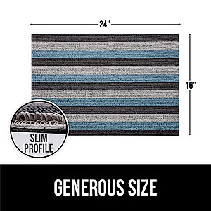 Gorilla Grip Heavy Duty Striped Doormat, Thick Bristles, Crush Proof Texture, Catches Dirt from Shoes, Strong Backing, Easy to Clean, Indoor and Outdoor Entrance Mats, 24x16, Turquoise and Gray