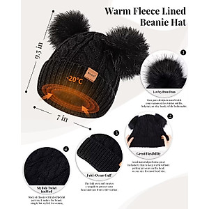 Winter Hat Scarf Glove Set for Women, Warm Fleece Lined Womens Beanie Hat with Double Pom Pom, Gloves with Touchscreen Fingers, Knit Scarf Neck Warmer for Cold Weather-Grey