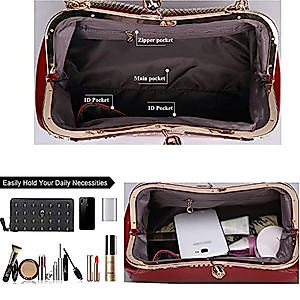 ZiMing Shiny Patent Leather Handbags Women Vintage Kiss Lock Tote Bags with Metal Top Handle Purses Evening Handbag Satchel Shoulder Bag Crossbody Bag with Long Shoulder Straps-Red