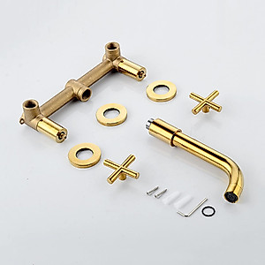 Wall Mount Bathroom Faucet,Double Handle Wall Mount Brass Basin Mixer,360 Degree Rotating Nozzle,1/2 Standard Thread,Bathroom Faucet,Gold (Color : Gold)