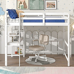 HZHOME Full Loft Bed with Desk and Shelves,White