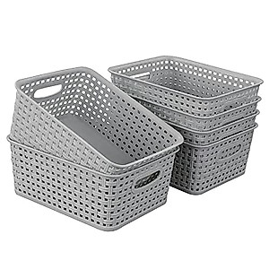 Obstnny 6-Pack Weave Storage Basket, Plastic Pantry Organizer Bins, Sliver Grey