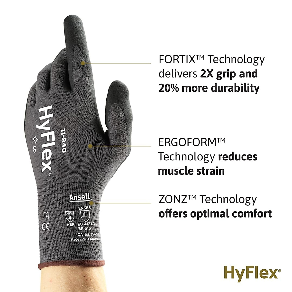HyFlex 11-840 Ergonomic Abrasion-Resistant Nitrile Foam Industrial Gloves for Automotive, Fabrication, EMS, Utilities - Size 10, Black (144 Pairs)