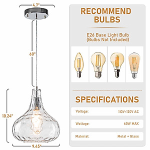 kelary Glass Pendant Light Hammered Clear Pendant Lighting Adjustable Glass Light Ceiling Fixture for Hallway, Kitchen Sink, Dinning Room, Living Room 2packs