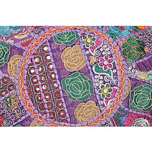 Footstool Cotton Bohemian Decor Round Stool White Patchwork Embroidered Ottoman Pouf Cover Floral Tuffet Chair Floor Cushion Ethnic Bean Bag Living Room (22 Inches, Blue)