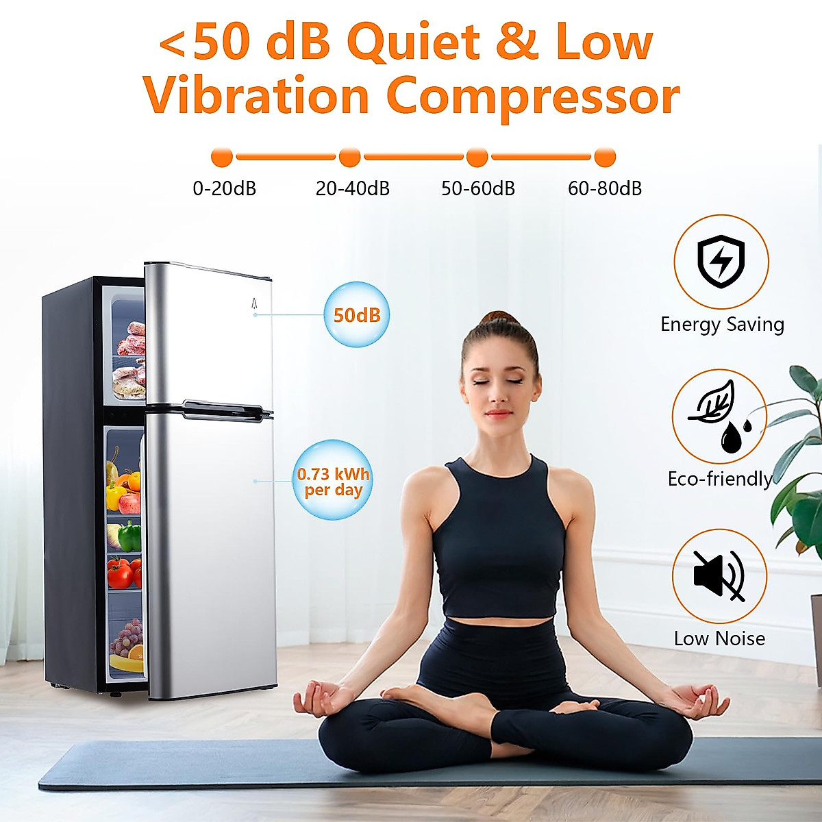 Zstar 4.5 Cu.Ft Mini Fridge with Freezer Freestanding, Energy-efficient Compact Refrigerator for Bedroom Office Dorm, 5 level Adjustable Thermostat, Stainless Steel 2 Doors, Crisper Drawer, 128L