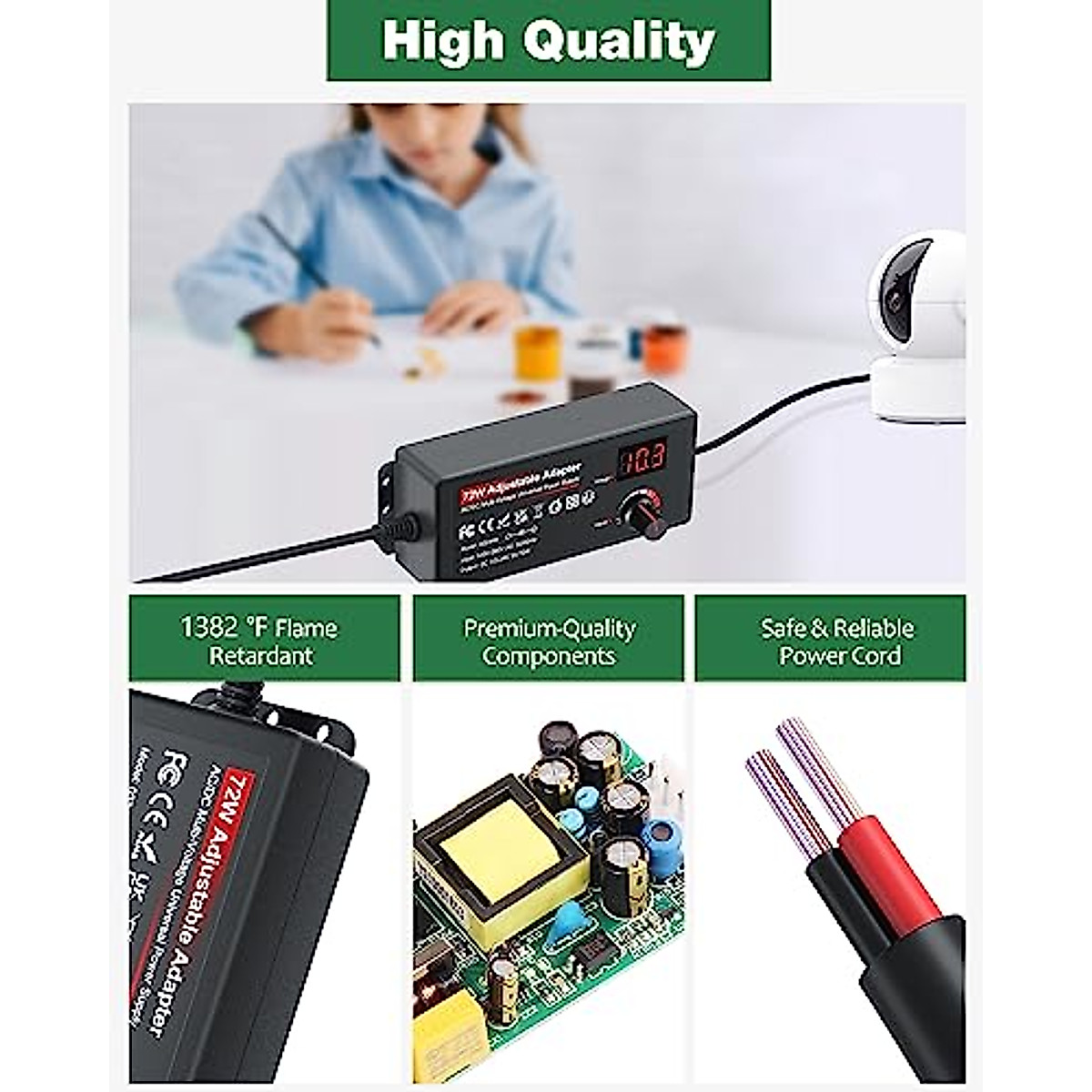 JOVNO Universal Power Supply 3V-24V 3A 72W Adjustable AC/DC Adapter 100~240V AC to DC 5V 9V 12V 15V 19V 20V with LED Display 14 Plugs 1 Reverse Polarity Converter Cable for LED Strips Motors Speaks