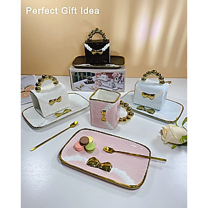 SISETOP Handbag Shaped Mug and Saucer, 10.5 OZ Purse Coffee Mug Set, Handmade Cute Mugs with Spoon & Pearl Beaded Handle, Porcelain Coffee Cups for Women, Girls, Birthday, Christmas, Gift, Pink