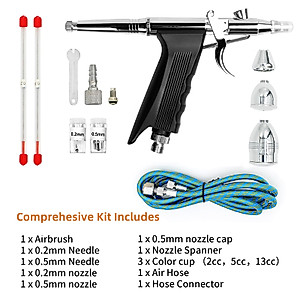 Airbrush kit, Airbrush Gun, Dual-Action Air Brush Set, Trigger Air Brush Spray Gun with 0.3, 0.2, 0.5mm Needles, 3 Sets Nozzles, Air Cap, Paint Cup, Air Hose, for Painting Nails Cake Tattoo Makeup