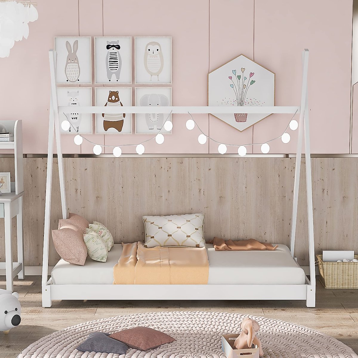 Solid Wood Twin Size Canopy Platform Bed with Triangle Structure, Twin Floor Bed Frame for Boys, Girls, Teens, Mattress Base, No Box Spring Needed (White)