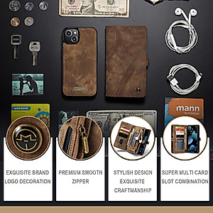 SZHAIYU Wallet Case Compatible with iPhone 13 Mini Cover with Card Holder Leather Flip Retro 2 in 1 Detachable Magnetic Zipper Pocket Thin Phone Cases 5.4' (Brown)