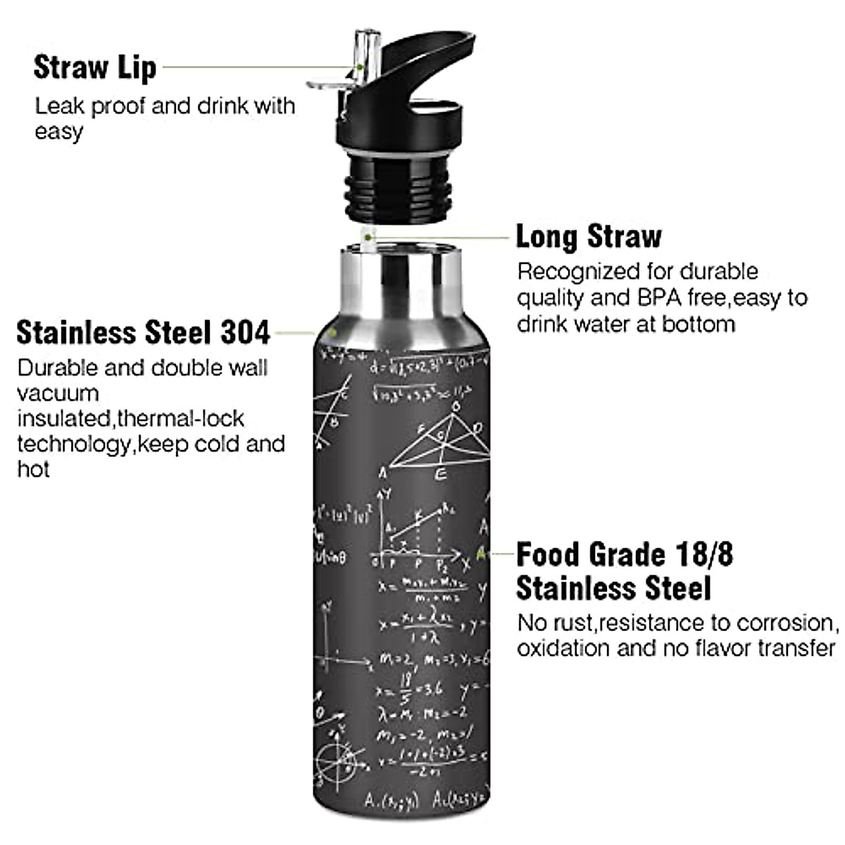 TropicalLife Insulated Water Bottle Education Math Formulas Water Bottle with Straw Stainless Steel Bottle Vacuum Insulated Tumblers for School Sports