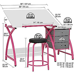 Offex 2 Piece Venus Craft Table with Angle Adjustable Top and 20.5" H Matching Padded Stool, Pink/White - Great for Home, Office, Kids Room and More