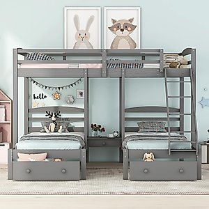 Harper & Bright Designs Triple Bunk Beds with Drawers and Guardrails,Full Over Twin & Twin Bunk Bed with Storage, Wooden Triple Bunk for Kids, Teens,Girls Boys (Gray with Drawers)