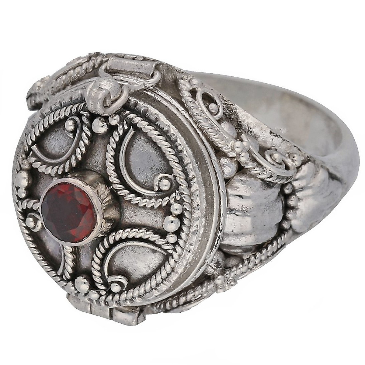 Medieval Ringed Cross Poison Locket Sterling Silver and Garnet Ring Size 8(Sizes 6,7,8,9,10)