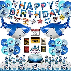 Shark Birthday Decorations, Ocean Shark Party Decorations Include Shark Balloons, Happy Birthday Banners, Cupcake & Cake Toppers, Shark Signs and Tablecloth for Boys Girls Ocean Theme Shark Party