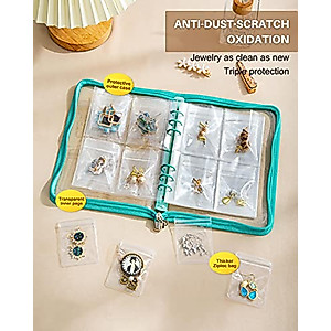 CATIFLIN Earring Organizer Travel Jewelry Case Container Transparent Jewelry Storage Book for Bracelet, Ring, Necklace, Stud, pin (96 Grids + 100 Small Thicken PVC Zipper Bags, Turquoise)