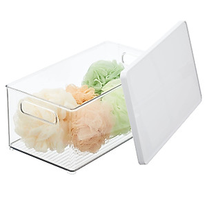 mDesign Plastic Storage Bin Box Container, Lid, Built-in Handles, Organization for Makeup, Hair Styling Tools, Accessories in Bathroom Cabinet, Cupboard Shelves, Ligne Collection, 4 Pack, Clear/White