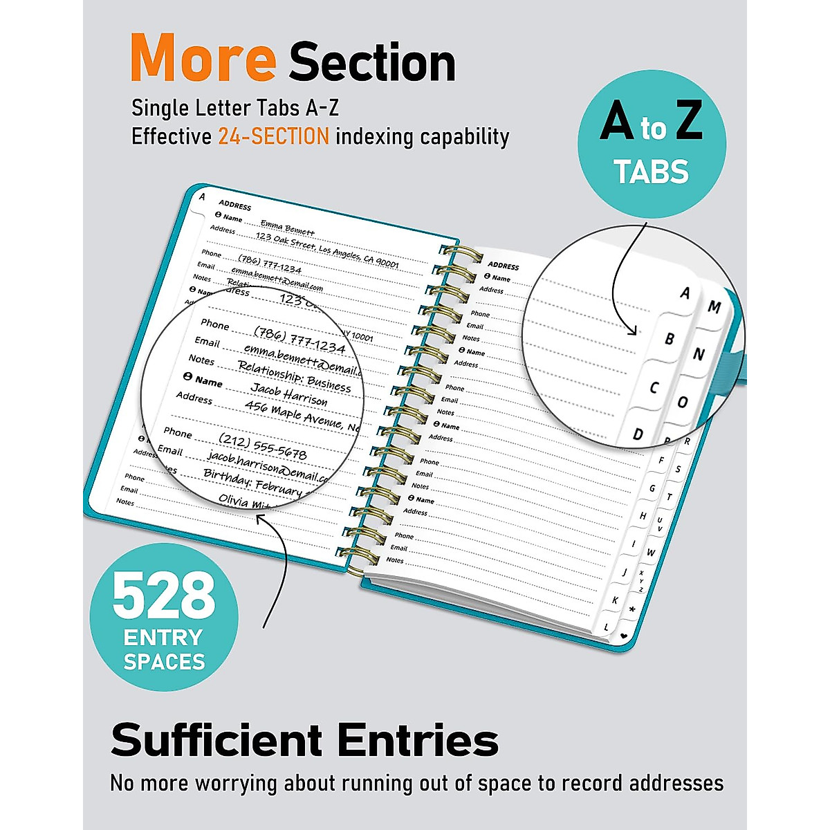 WEMATE Spiral Address Book with Alphabetical Tabs, Leather Password Book, Address Organizer Telephone Notebook Journal Keep Contact Safe Hardcover Large Print for Seniors Home Office 5.8″×8.2″, Green