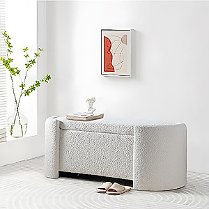 Deolme White Boucle Storage Ottoman Bench- Modern Wooden Indoor Upholstered Storage Bench End of Bed Stool Sherpa Bench Bedside with Safety Hinge for Bedroom, Living Room Seating, Entryway