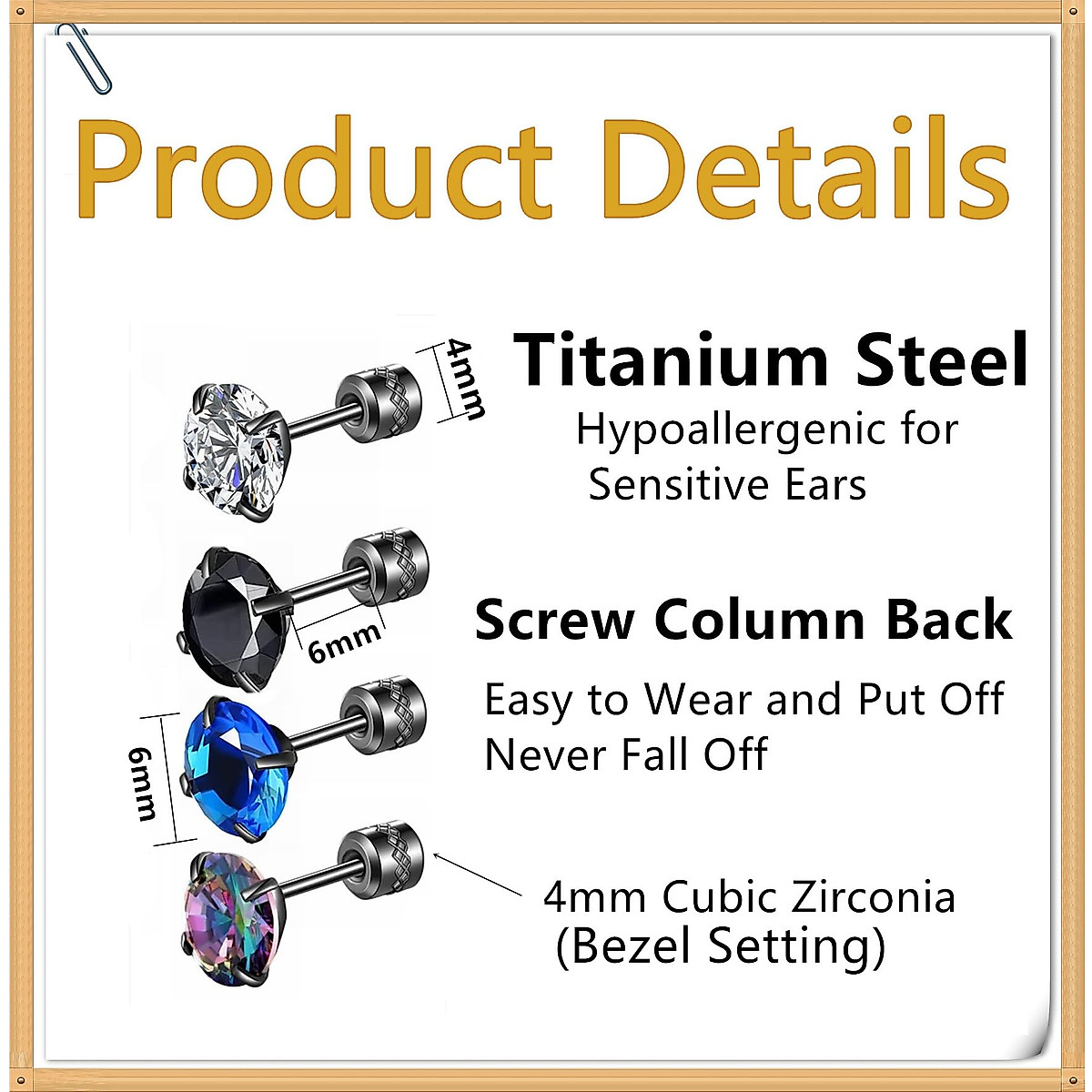 Hopply 4 Pairs Titanium Screw Back Surgical Stainless Steel Earrings for Women Men,Rainbow 5A Cubic Zirconia Studs Double Side Earrings Piercing Sleeper Jewelry 6mm (A-Black Colorful CZ)