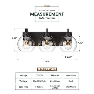 METWET Bathroom Light Fixtures, 3-Light Matte Black Vanity Light, Modern Wall Sconces with Clear Glass Globe Shade, Bathroom Wall Lights for Mirror Kitchen Bedroom Hallway, VL195-MB-3